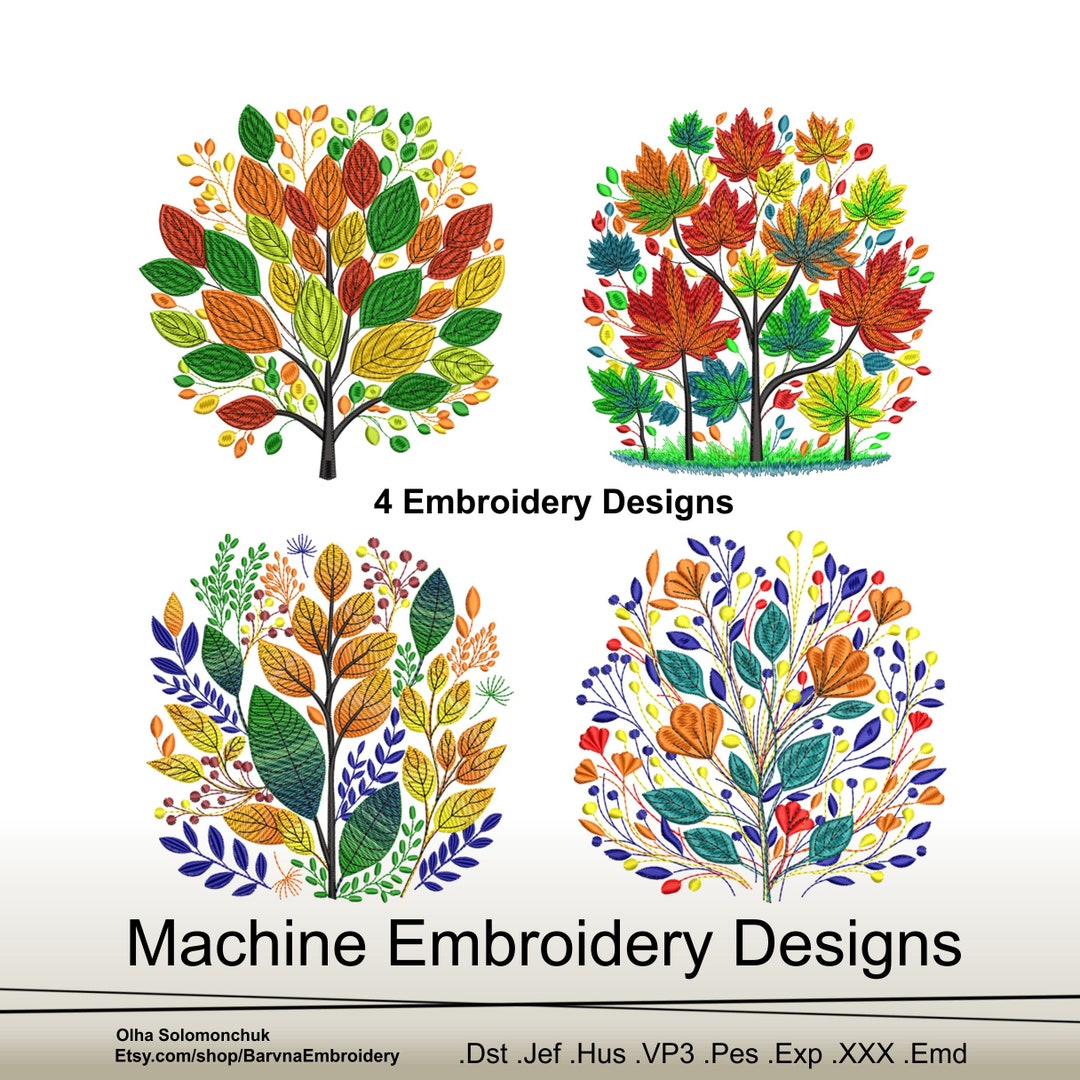 Set of 4 Leaves Embroidery Design, Autumn Tree Machine Embroidery ...