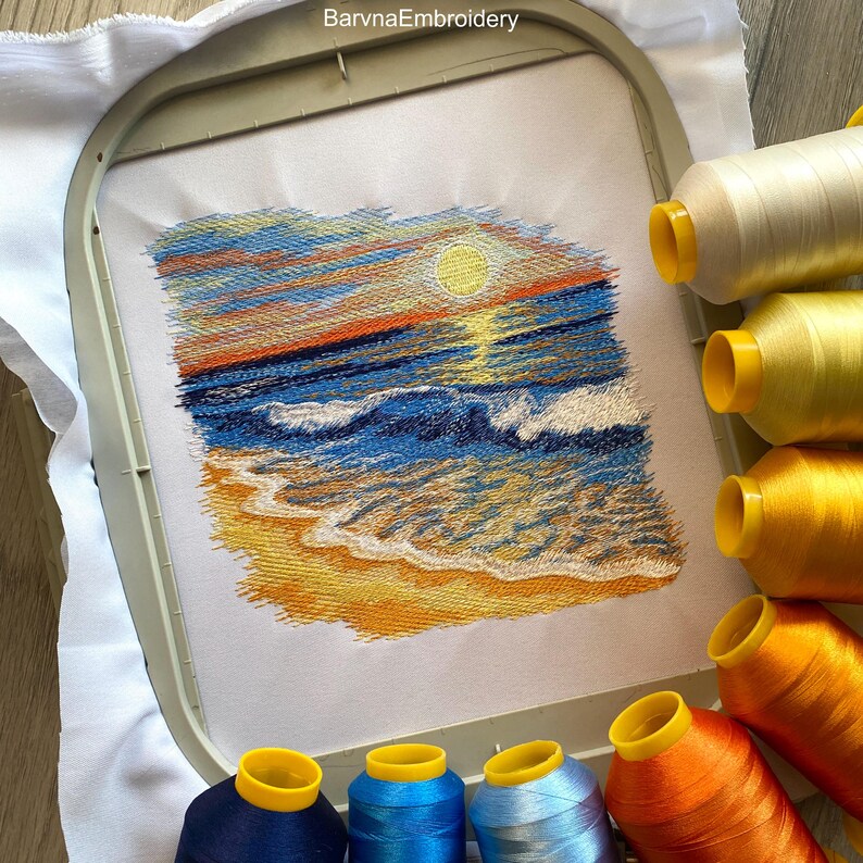 Sunset Landscape Machine Embroidery Design – Ocean Waves, Sand & Sun ...