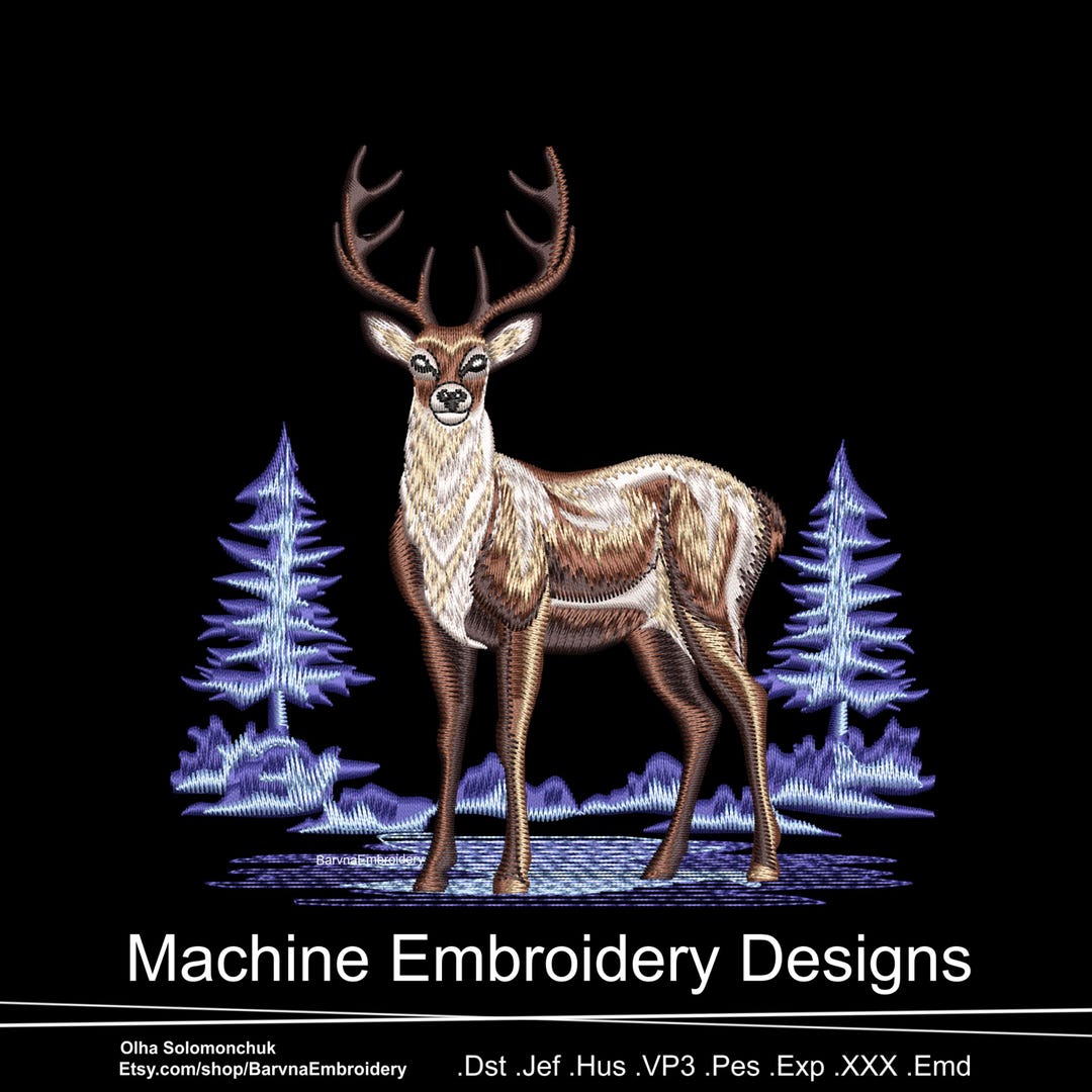 Deer Embroidery Designs for Machine, Winter Landscape Embroidery ...
