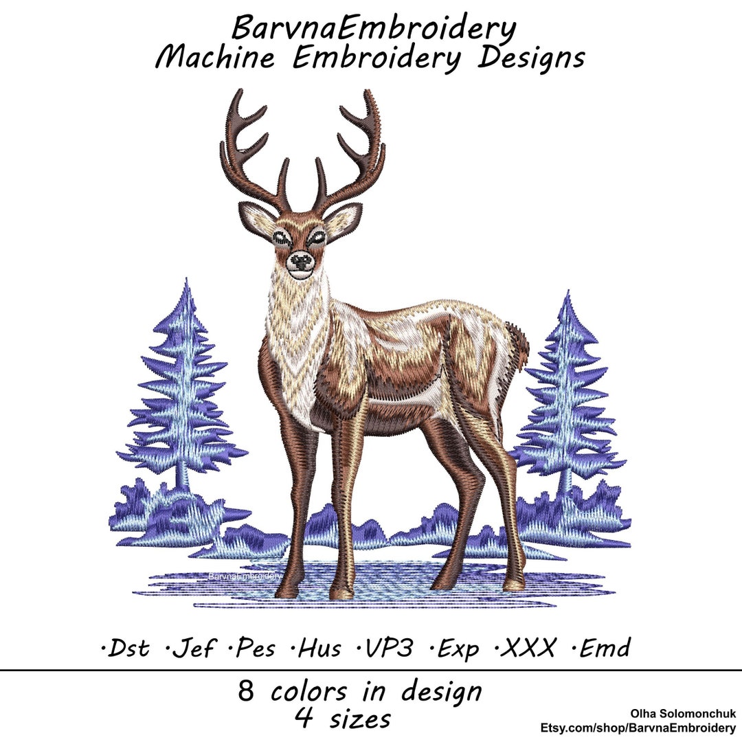 Deer Embroidery Designs for Machine, Winter Landscape Embroidery ...