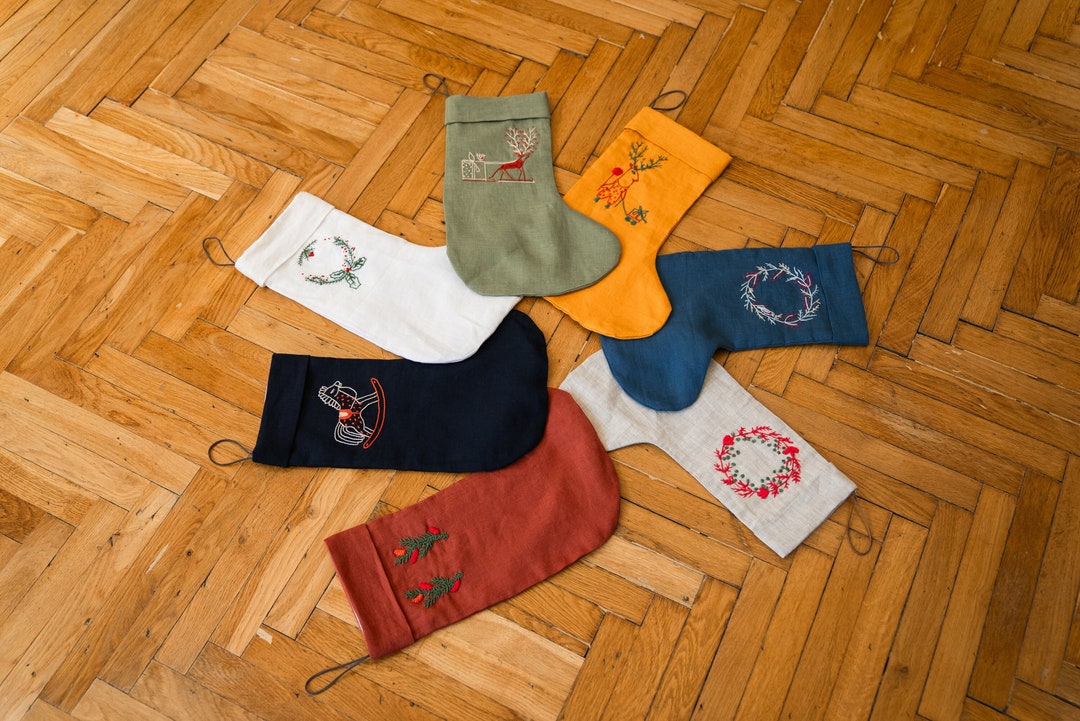 Hand Embroidered Stockings Linen Personalise Stockings Family - Etsy