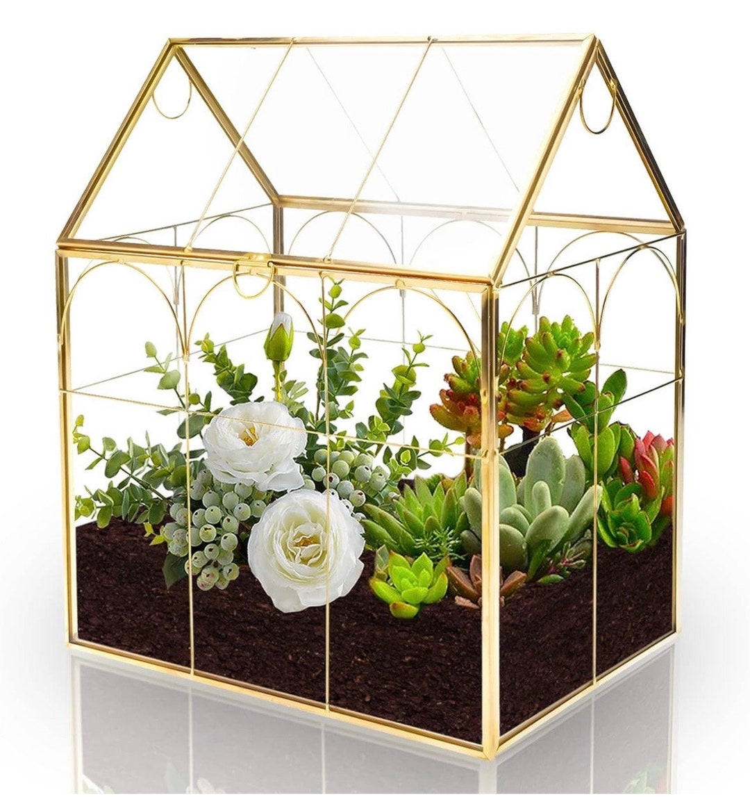 Vintage Gold Geometric Plant Terrarium, Clear Gift Card Box for Wedding ...