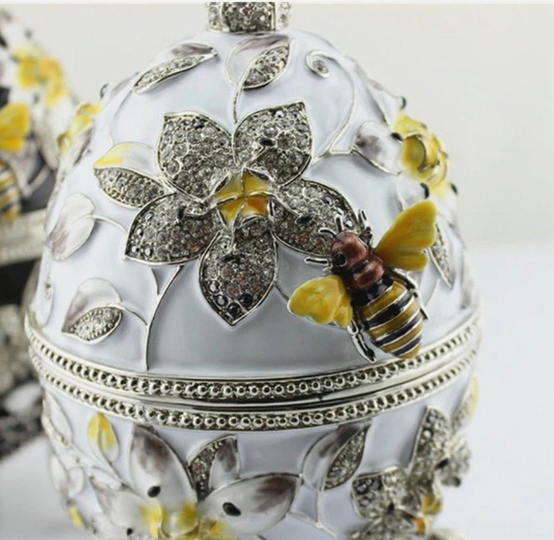 Large White Bee Egg Trinket Box With Czech Crystal Bia Size - Etsy