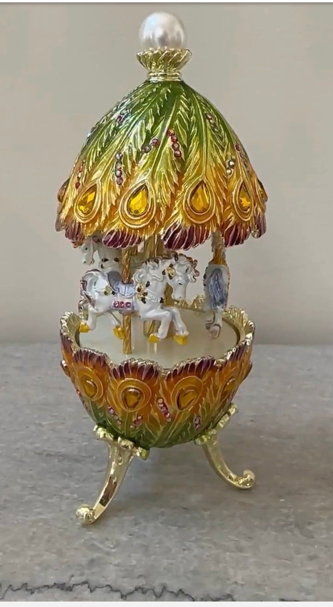 Faberge Type Egg Peacock Music Box Carousel Merry Go Round. This is ...