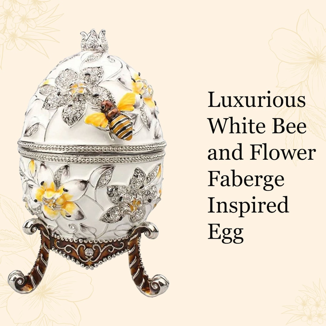 Large White Bee Egg Trinket Box With Czech Crystal Bia Size Egg Shaped ...