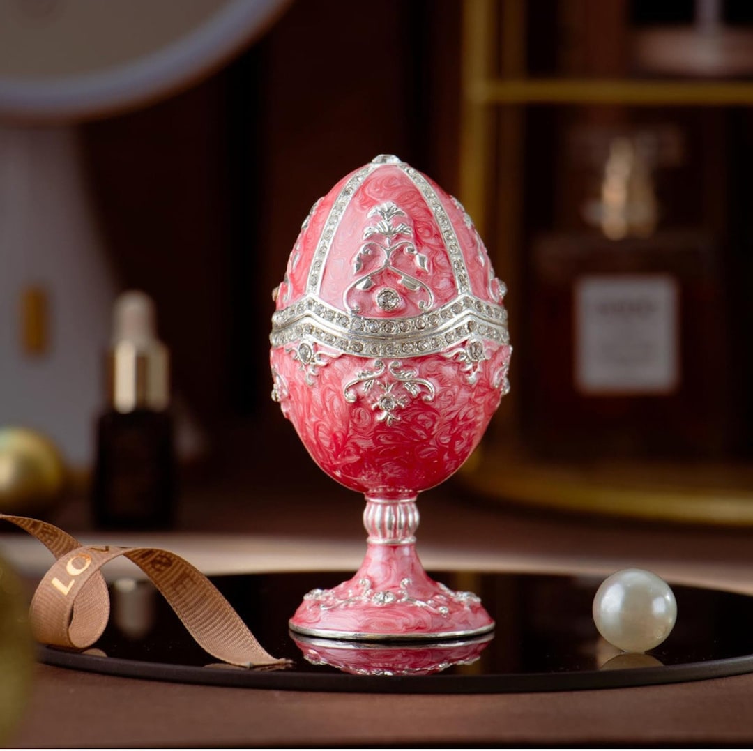 Enamel Faberge Pink Egg Trinket Box, Rhinestones Treasure Chest Jewelry ...
