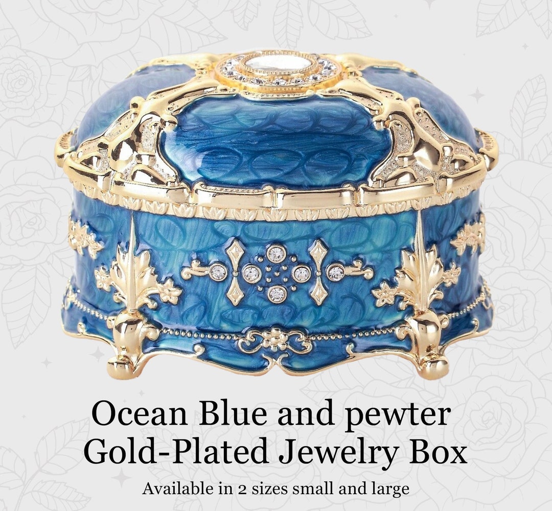 Blue and Gold Oval Jewelry Box With Felt Lining, Trinket Box, Gift ...