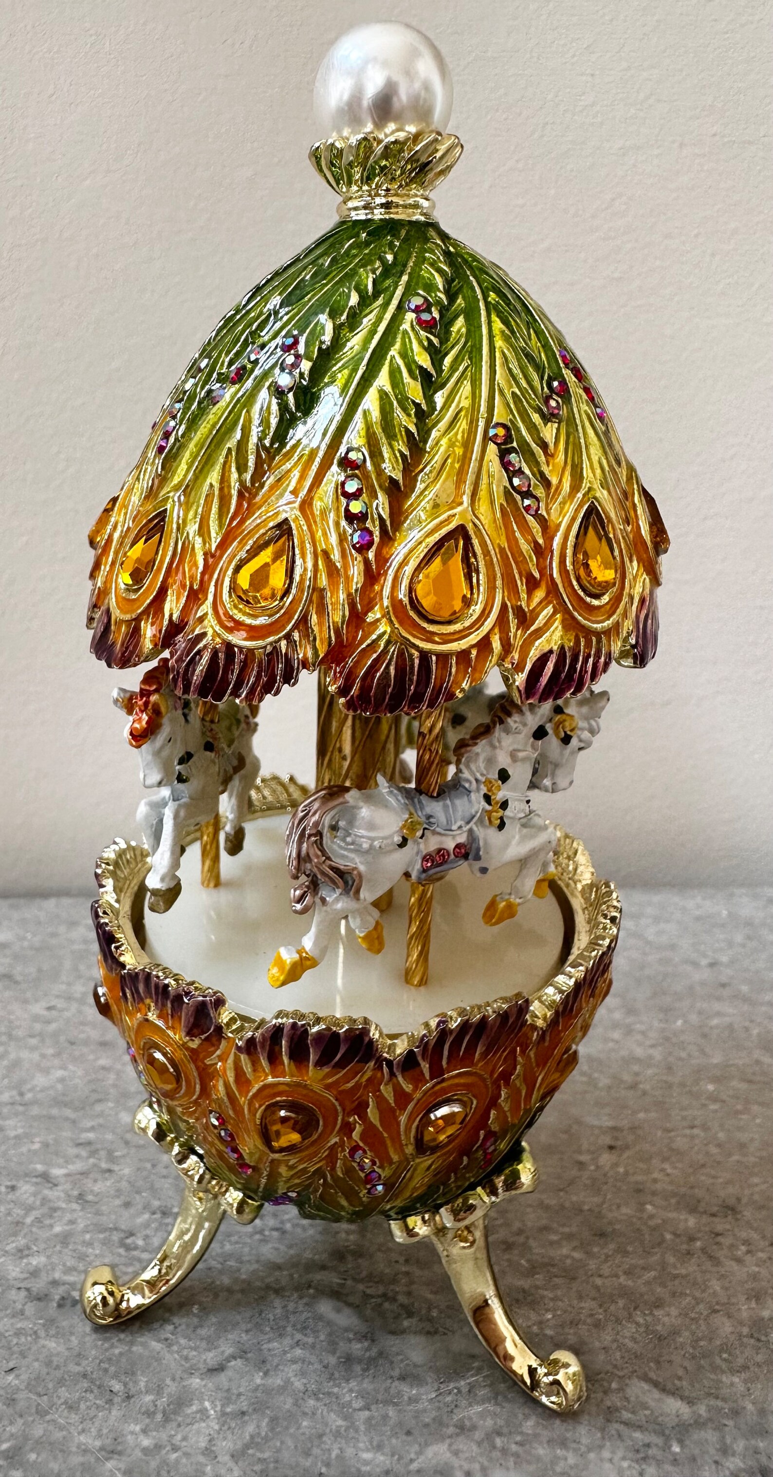 Faberge Type Egg Peacock Music Box Carousel Merry Go Round. This is ...