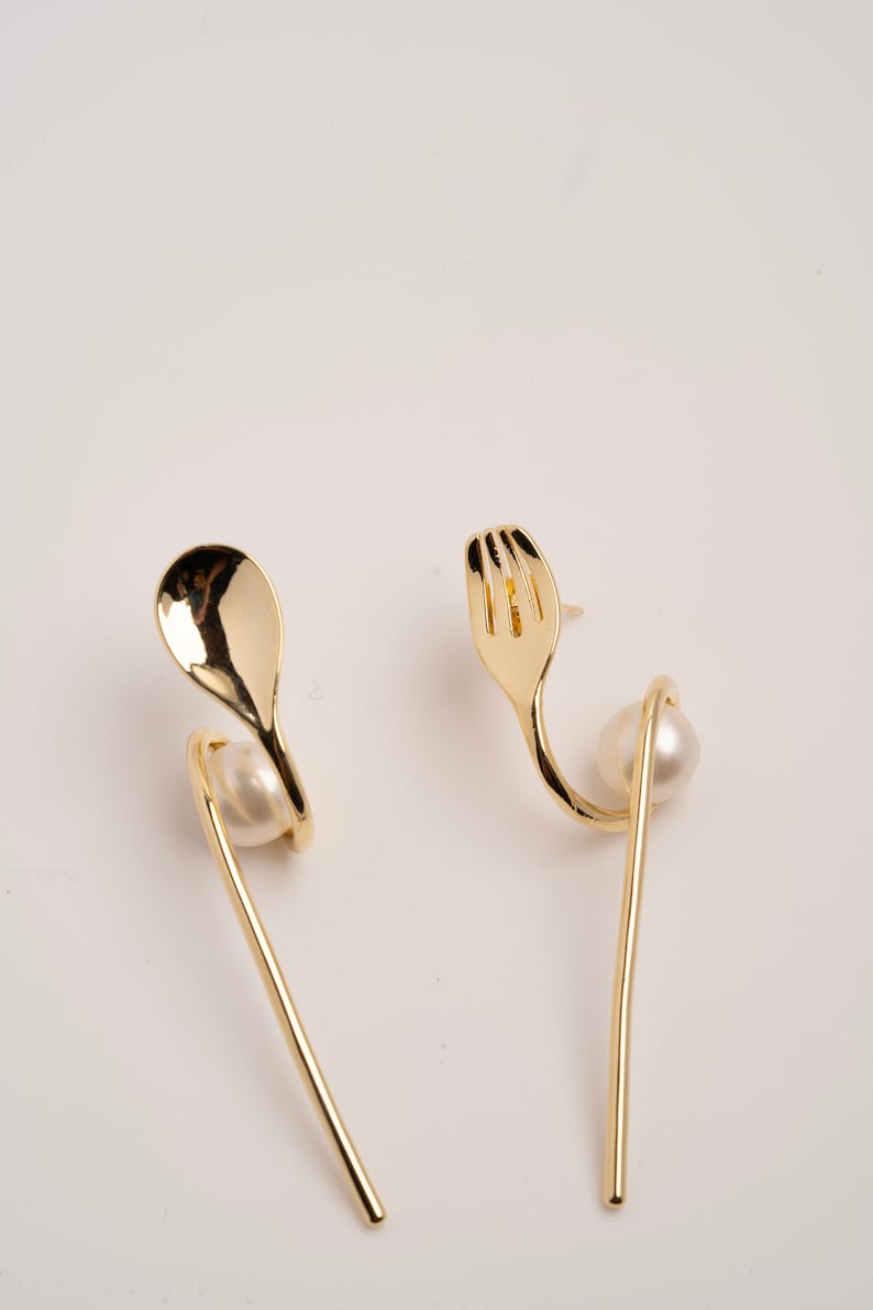 Gold, Stud, Fork and Spoon, Earrings, Silverware, Mismatched Earrings ...