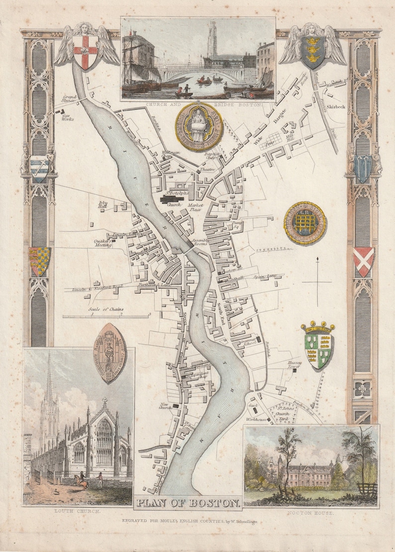 19th Century Town Map of Boston - Etsy