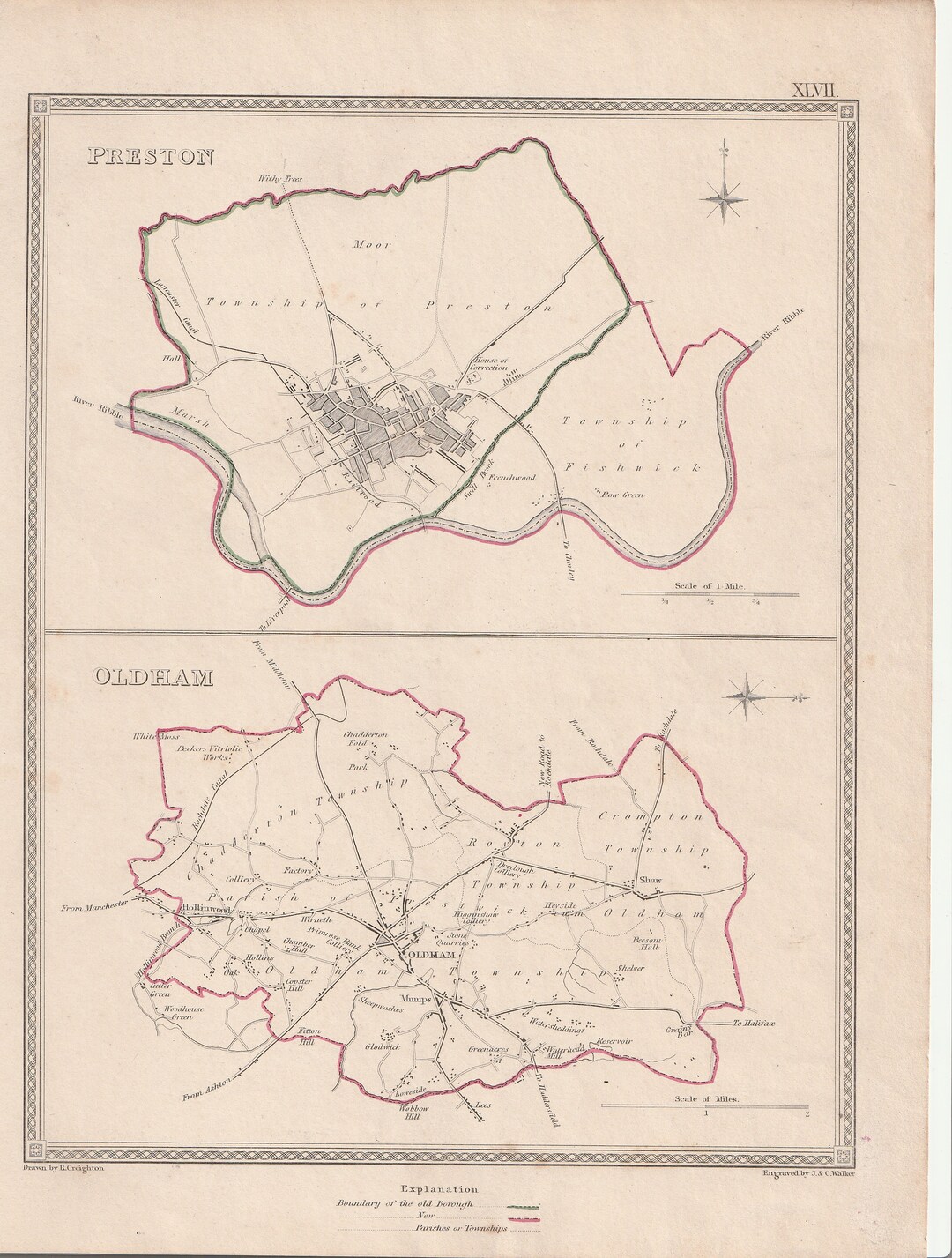 19th Century Map of Preston & Oldham - Etsy