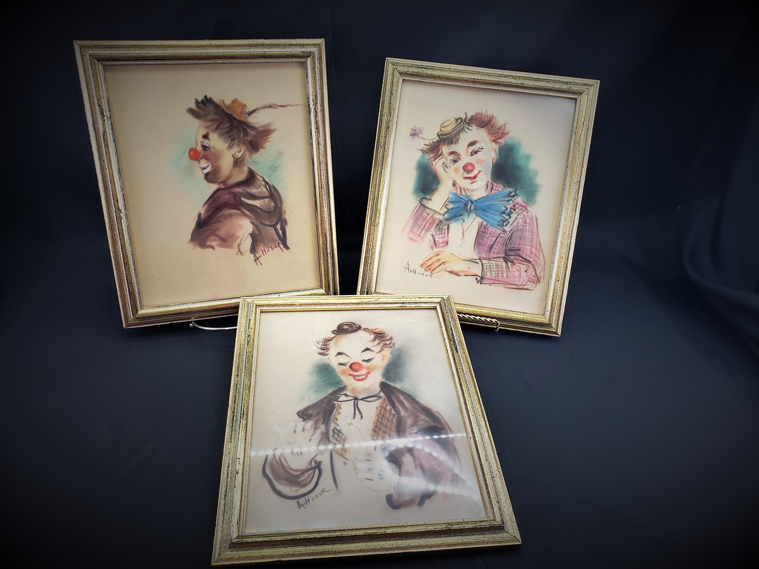 A. Huzur Signed Clown Chalk Drawings in Frames Ca. 1950's - Etsy
