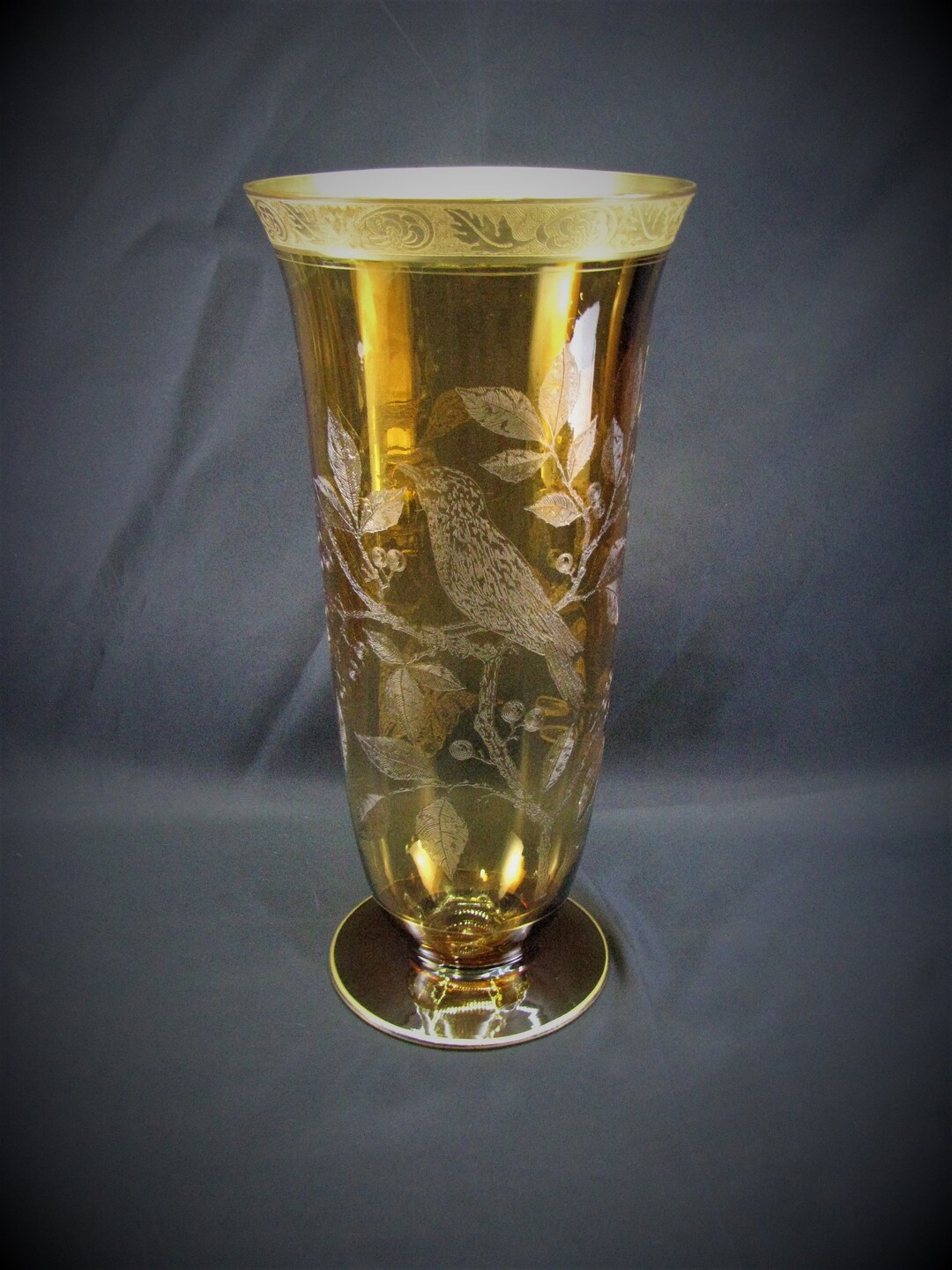 Cambridge Bird & Butterfly 717 Etch Vase Gold Encrusted Rim 13" Rare - Etsy