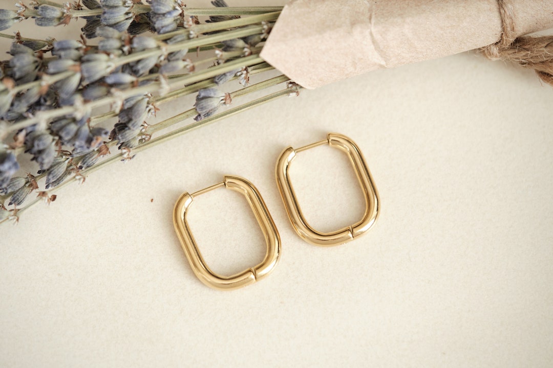 Gold Square Hoop Earring, Gold PVD Coating Earring, Tarnish Resist ...
