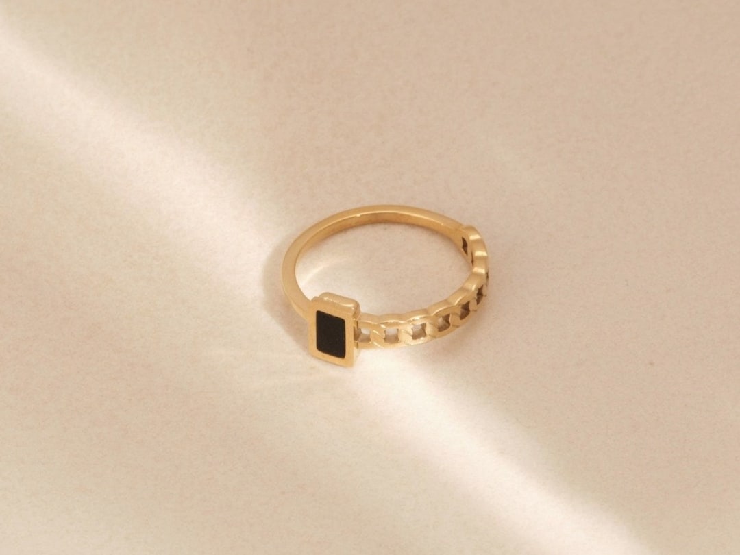 18K Gold Chain Ring, Black Enamel Ring, Square Gold Signet Rings, Gold ...