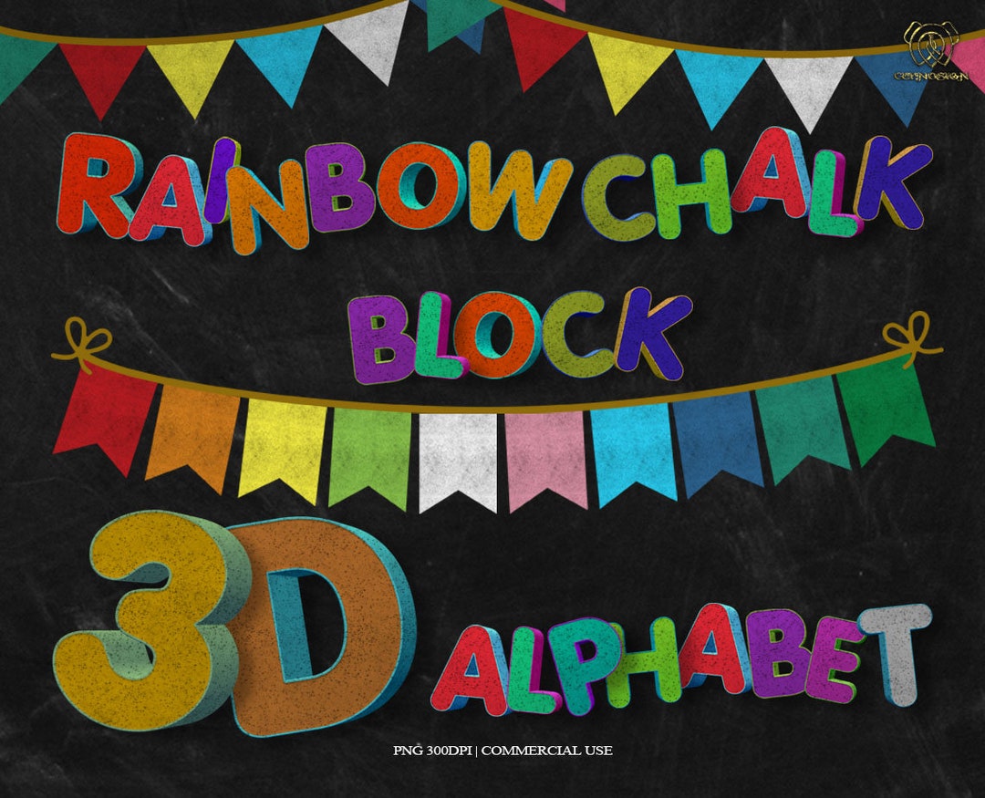 Rainbow Chalkboard Bunting Banners Clip Art, 3D Alphabet and Numbers ...