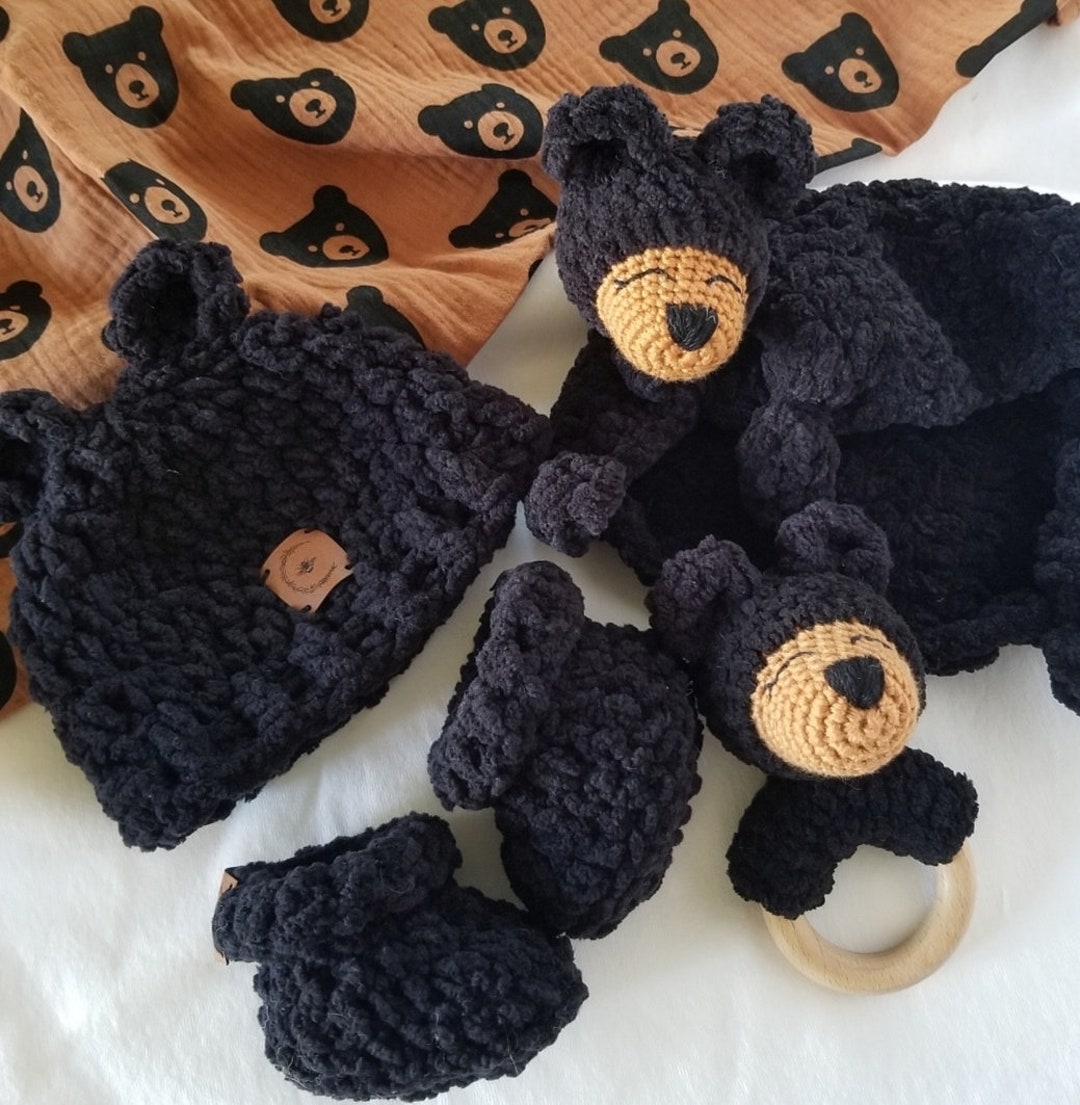 Crochet Baby Bear Gift Set: Chenille Hat, Booties, Lovey & Rattle - Etsy