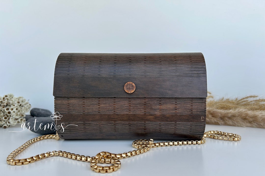 Wooden Brown Box Type Bag With Shoulder Strap Crossbody Mirror Work ...