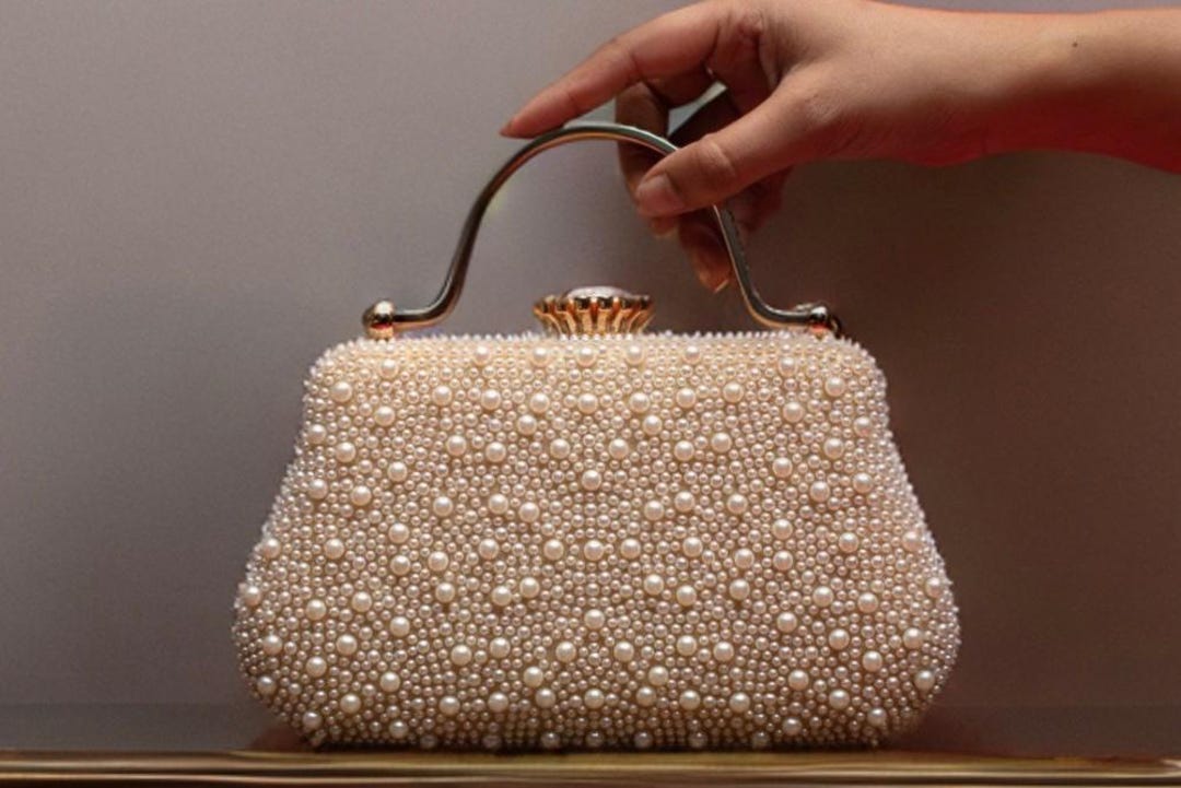 Ivory Pearl Embellished Clutch With Gold Frame Elegant Rhinestone ...