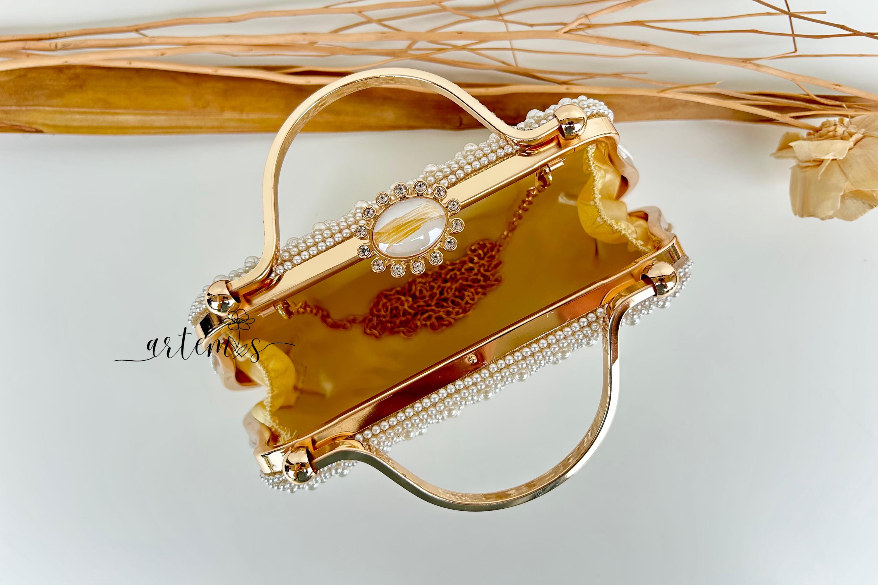 Ivory Pearl Embellished Clutch With Gold Frame Elegant Rhinestone ...