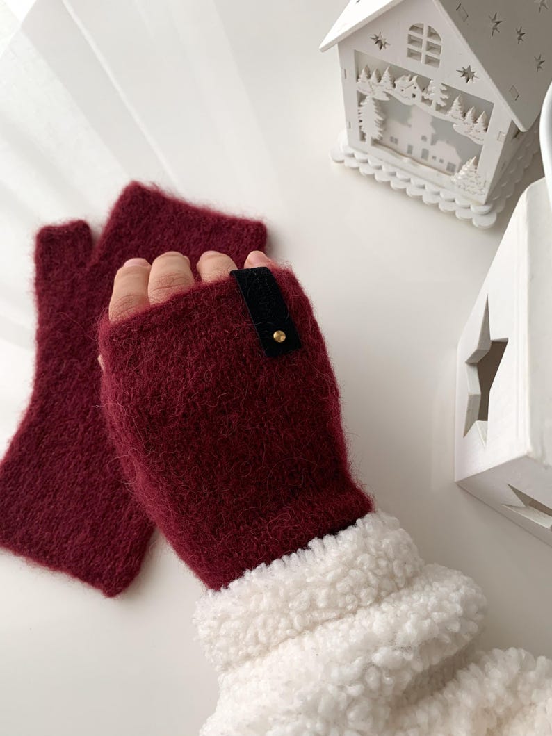 Fall Burgundy Red Mittens for Women, Fingerless Gloves, Knitted Gift ...