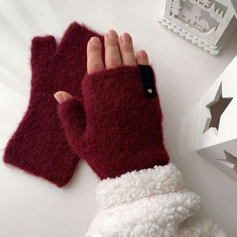 Fall Burgundy Red Mittens for Women, Fingerless Gloves, Knitted Gift ...
