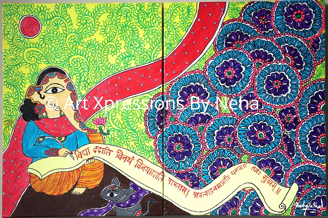 Ganesha Writing Mahabharata - Madhubani on Canvas - Etsy