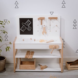 White Wooden Toy WORK BENCH for Boys, Montessori Furniture Kids Pretend ...