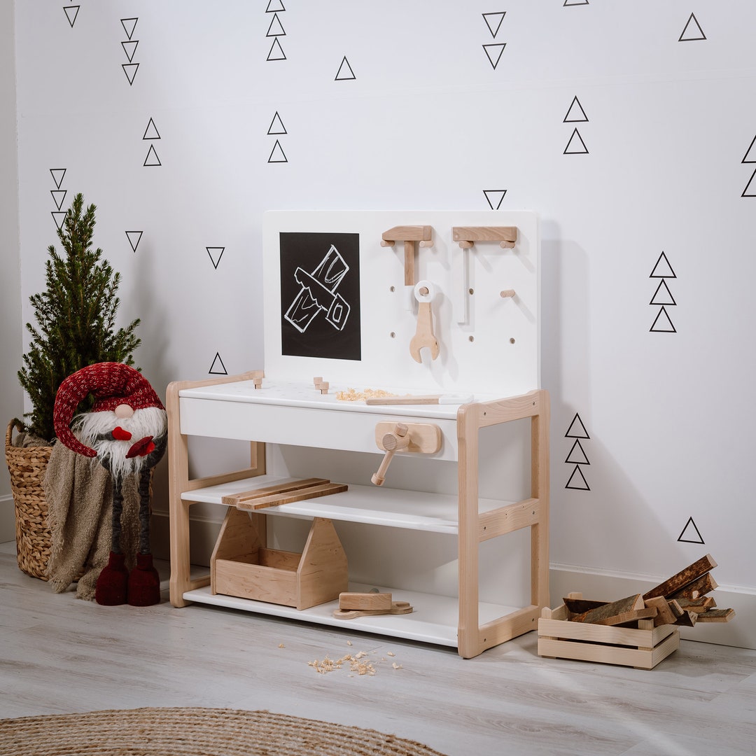 White Wooden Toy WORK BENCH for Boys, Montessori Furniture Kids Pretend ...