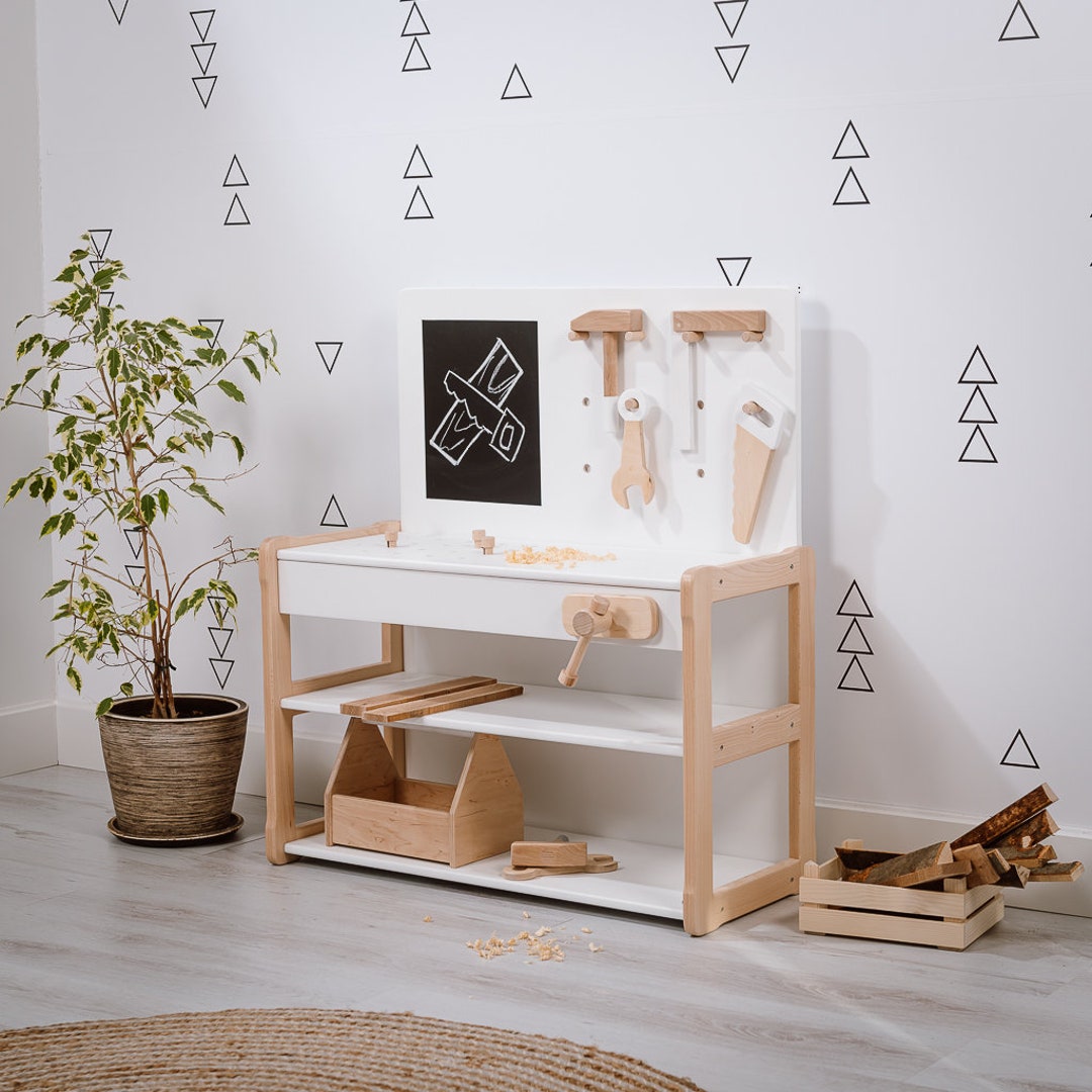 White Wooden Toy WORK BENCH for Boys, Montessori Furniture Kids Pretend ...