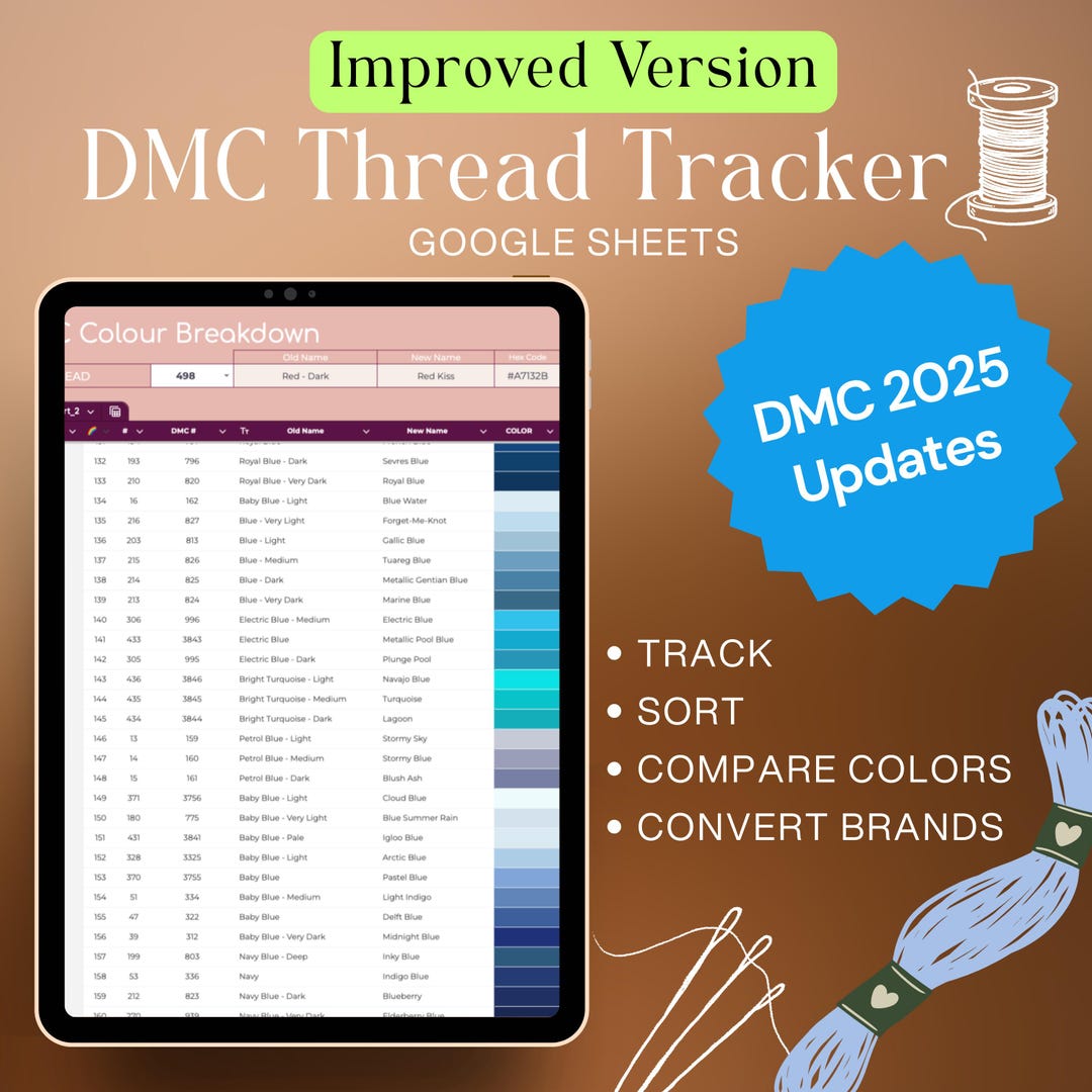 DMC Floss Inventory Tracker: Embroidery Thread Organizer Google Sheet ...