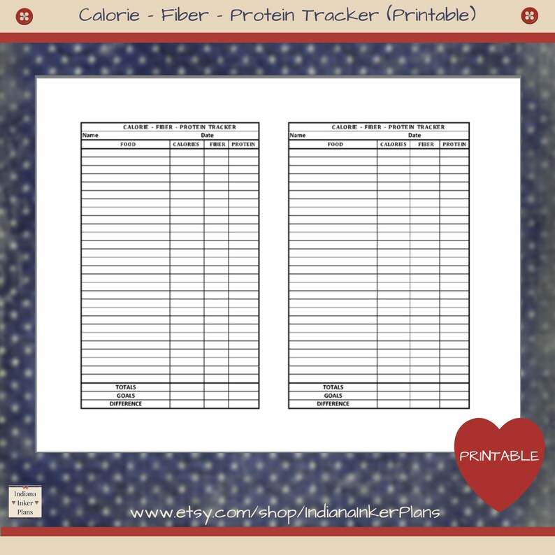 Calorie - Fiber - Protein Tracker, Printable, Digital Files, PDF Format ...