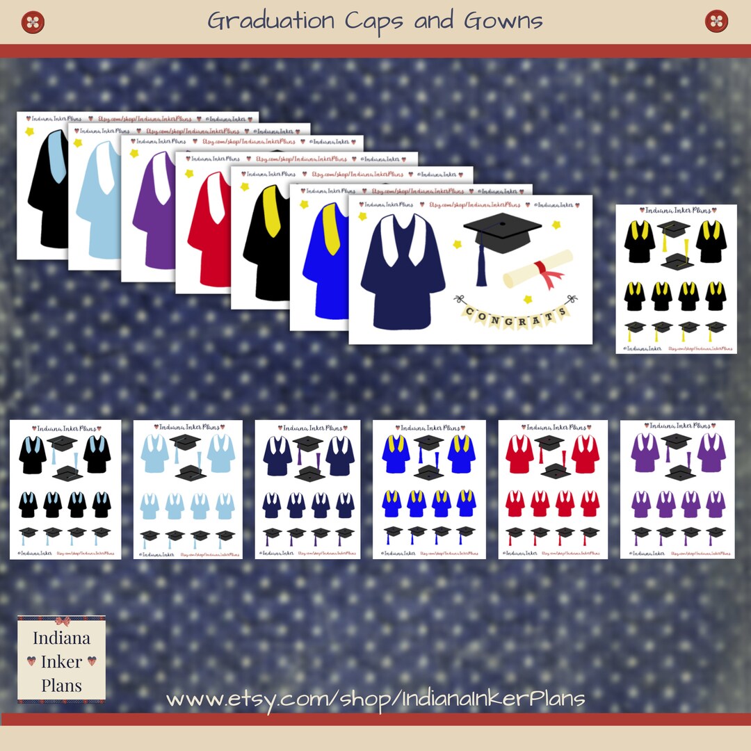 Graduation Caps and Gowns Planner Stickers, Various Color Combinations ...