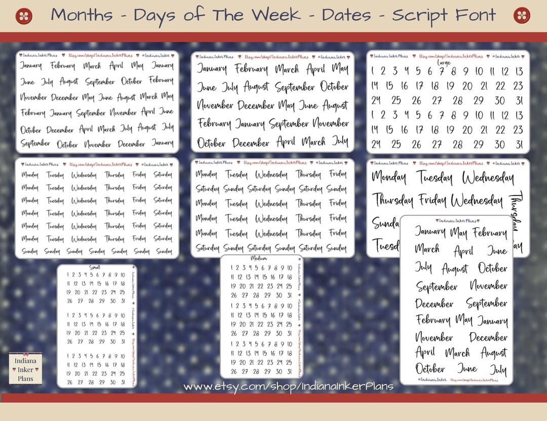 Large, Medium, Small Month Stickers, Days of the Week, Dates, 2026 ...
