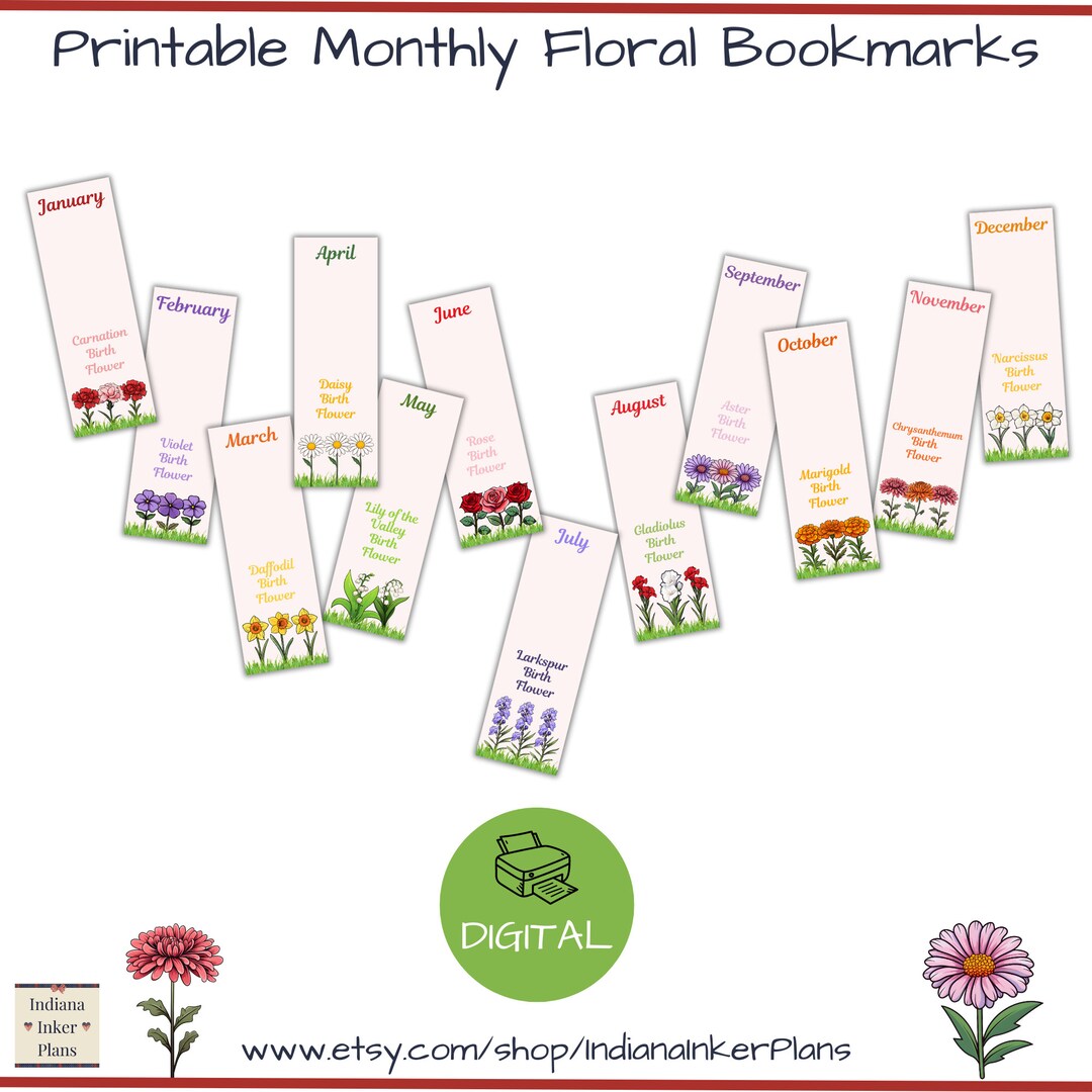 Monthly Birth Flower Bookmarks, Digital, Printable, Floral Bookmarks ...