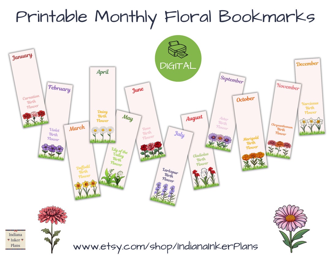 Monthly Birth Flower Bookmarks, Digital, Printable, Floral Bookmarks ...