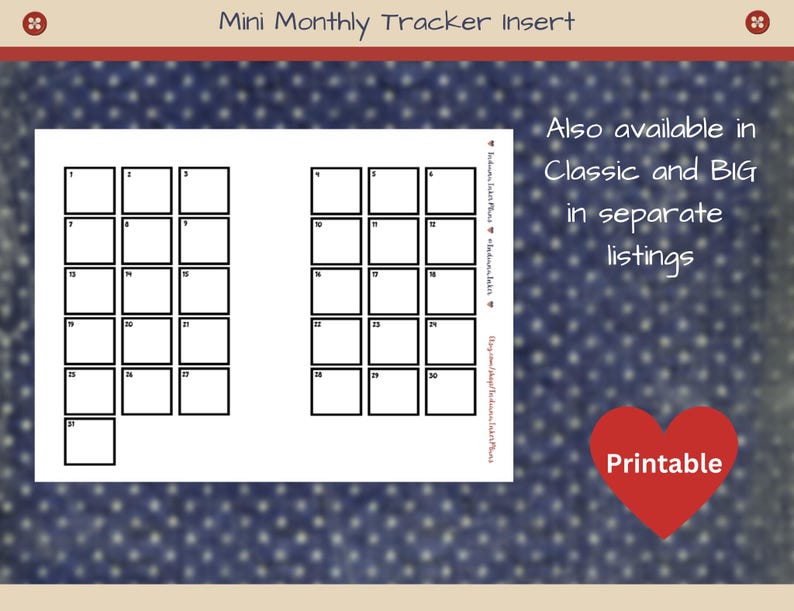 Mini Monthly Tracker, Printables, Digital Files, PDF Format, Undated ...