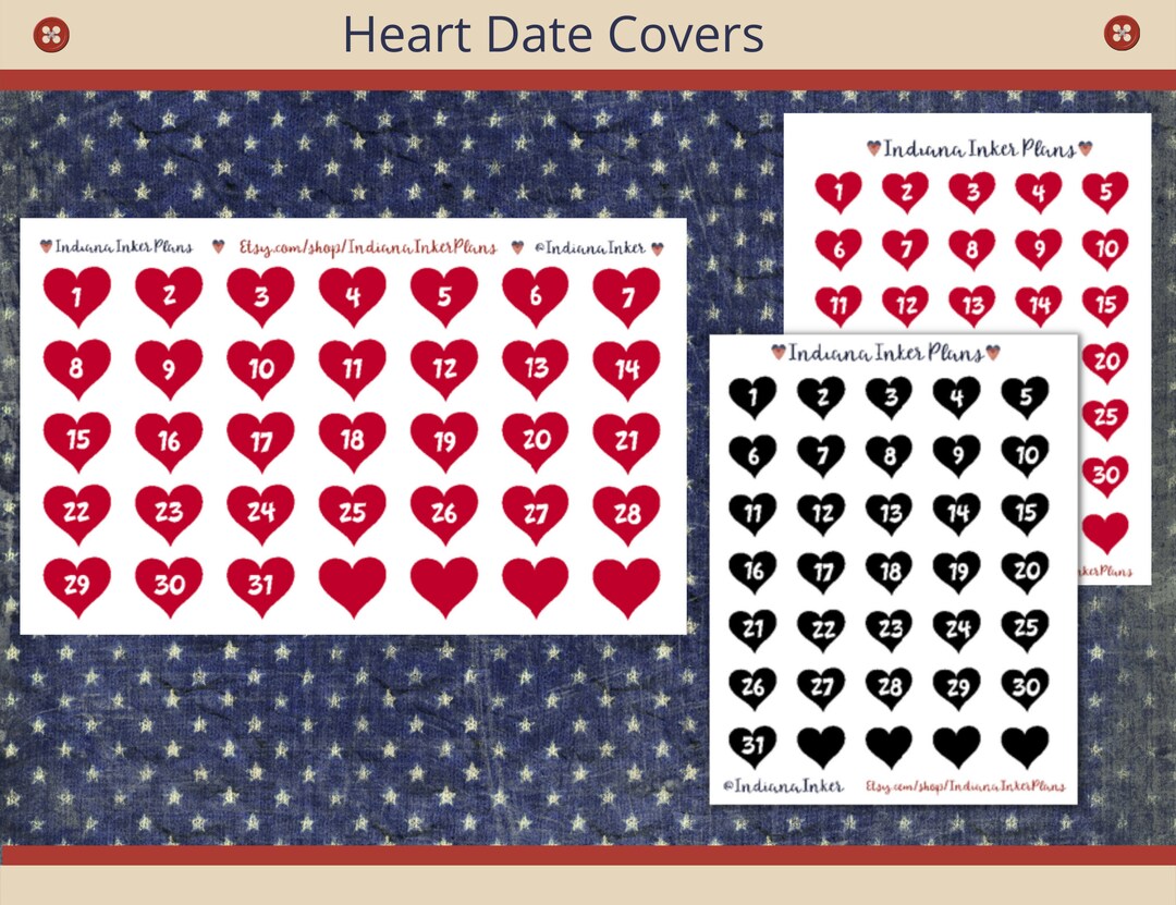 Red Heart Date Cover Stickers, Black Heart Date Covers, Planner ...