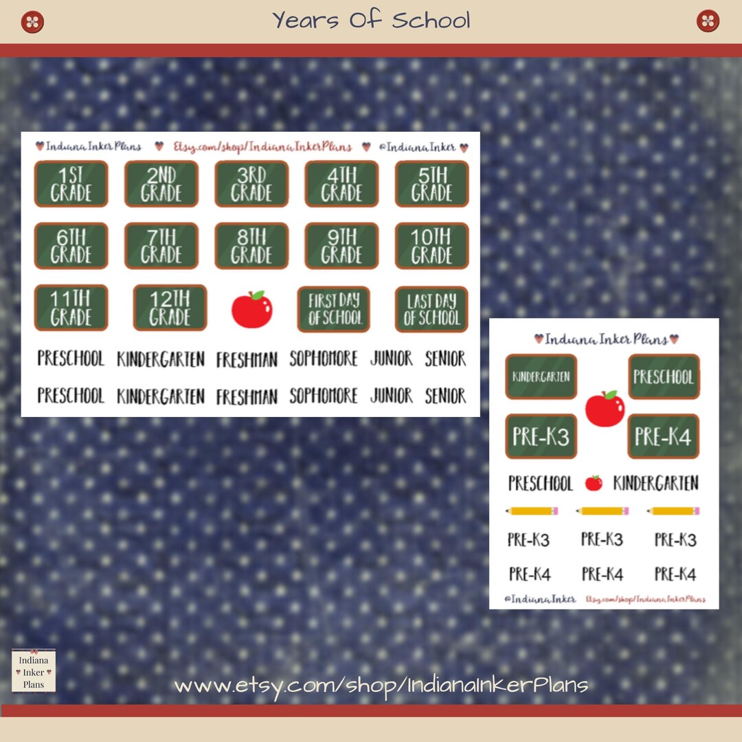 Years of School Stickers, Preschool, Kindergarten, 1st Grade, 2nd Grade ...