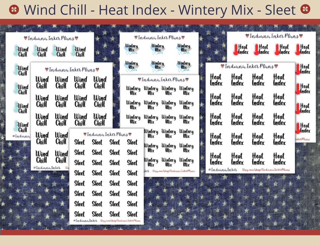 Weather Stickers, Planner Stickers, Heat Index, Wind Chill, Wintery Mix ...
