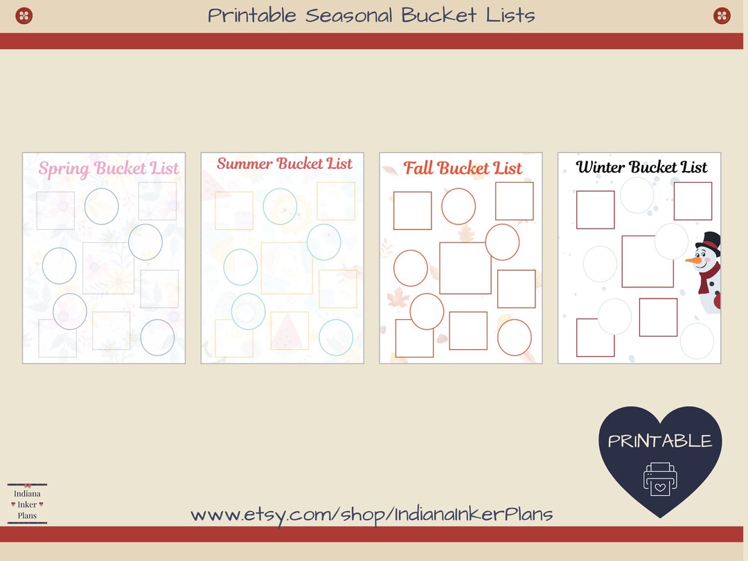 Printable Seasonal Bucket Lists, Digital Files, PDF Format, Instant ...