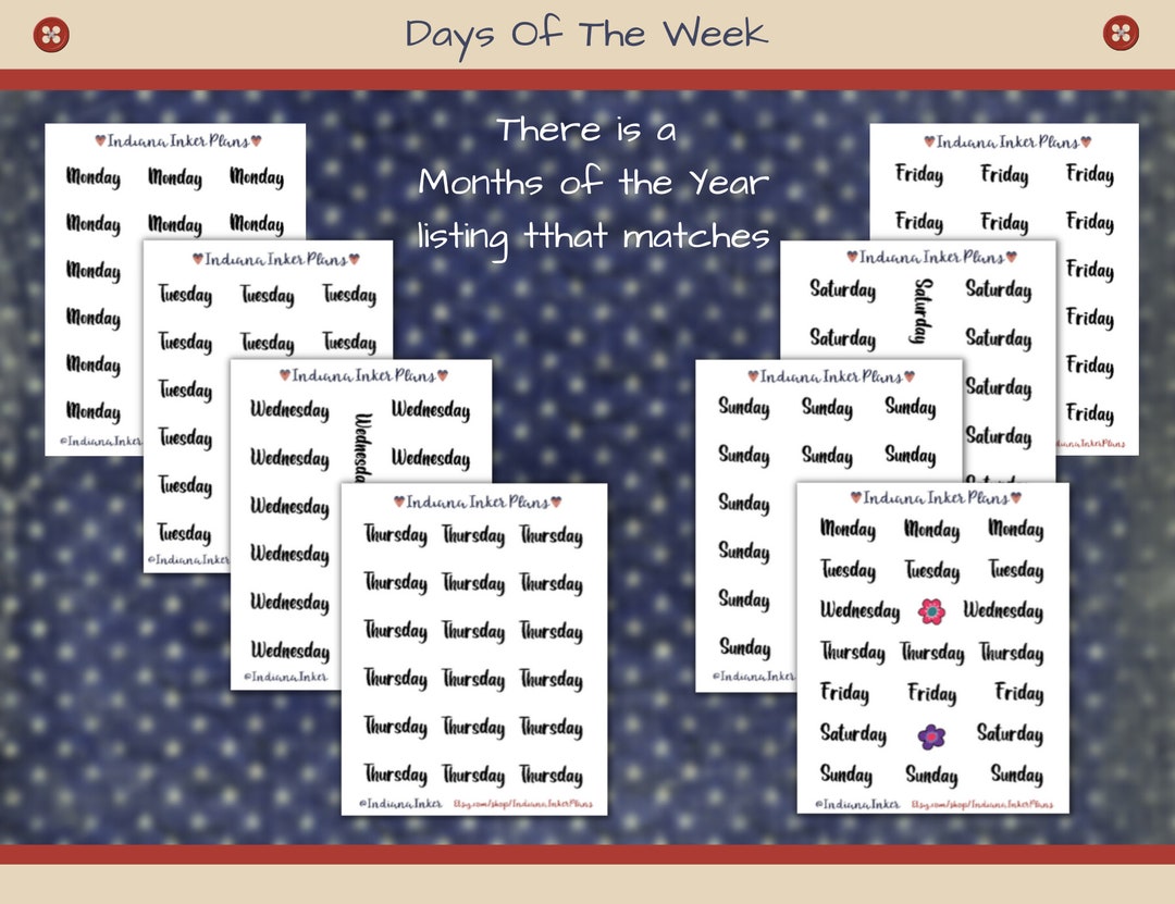 Days of the Week Script Stickers, Black, Notebook, Journal, Functional ...