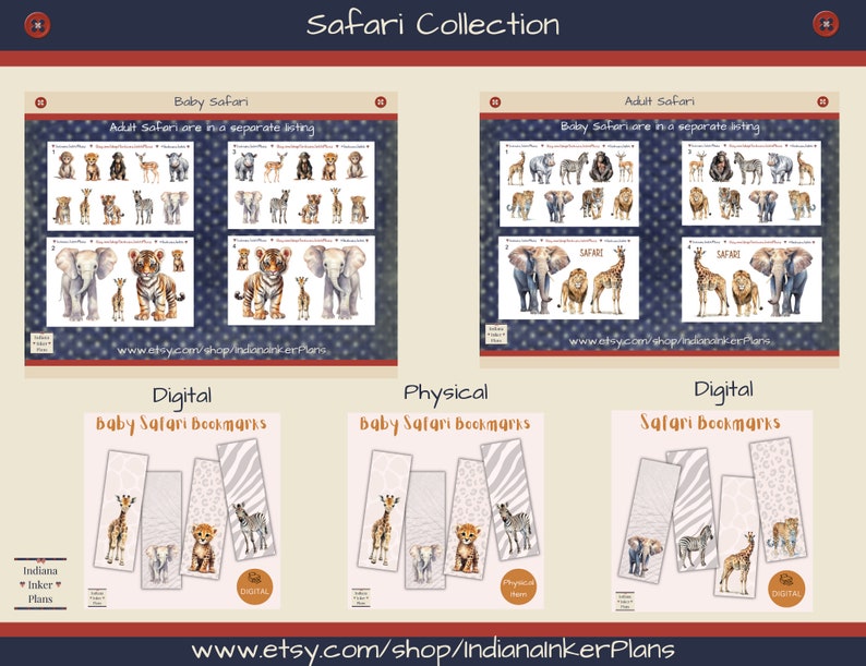 Adult Safari Bookmarks, Digital, Printable, Zebra, Elephant, Giraffe ...