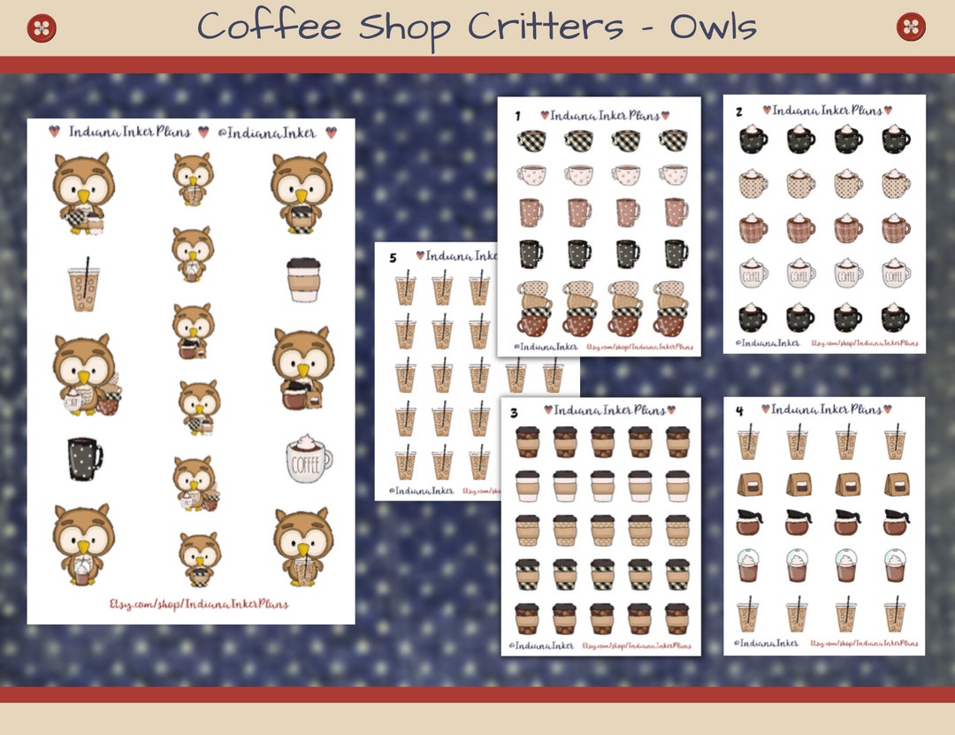 Coffee Shop Owls Critters Stickers, Planner Stickers, Decorative ...