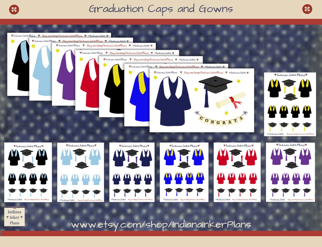 Graduation Caps and Gowns Planner Stickers, Various Color Combinations ...