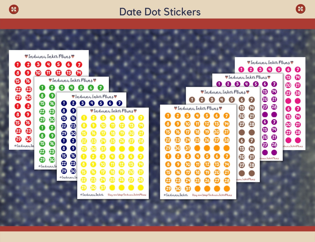 Date Dot Circle Planner Stickers, Orange, Pink, Blue, Green, Red, Brown ...