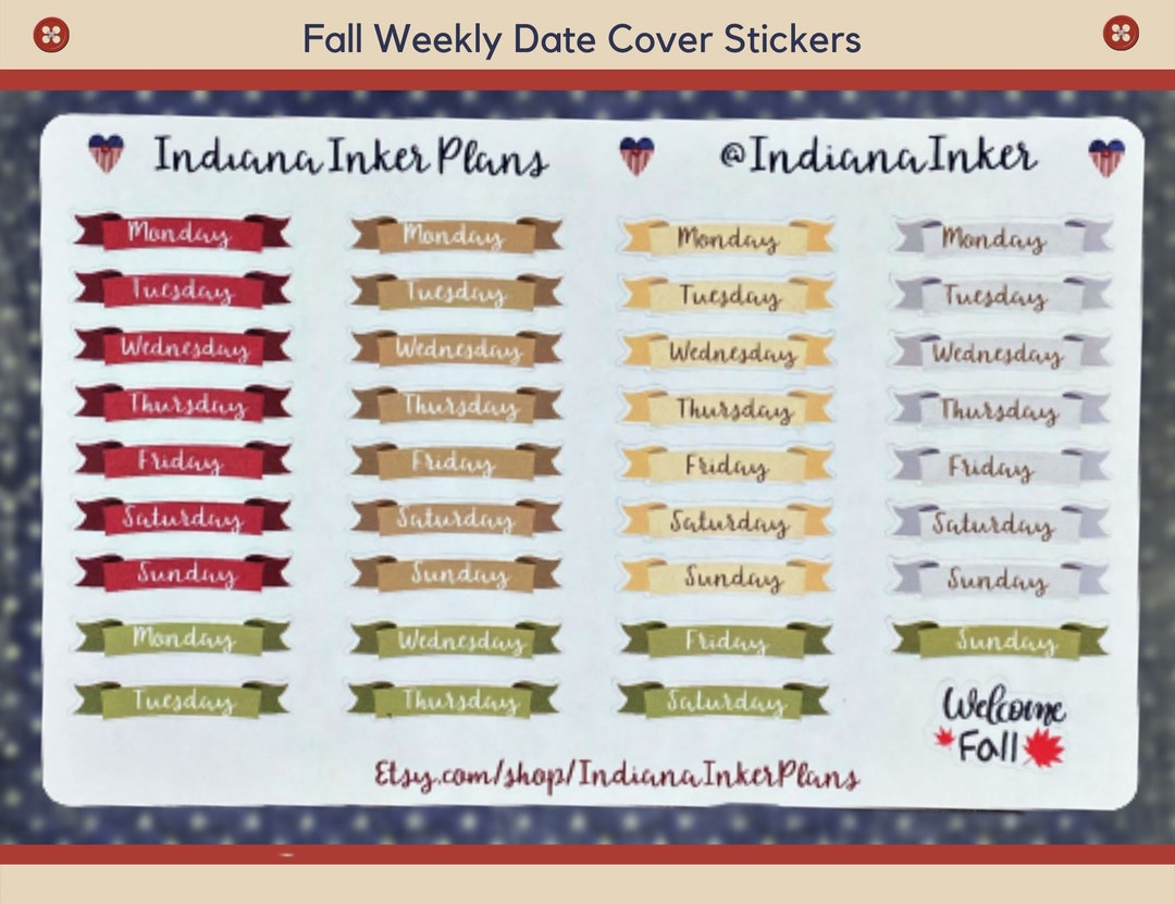 Weekly Day Cover Stickers, Monday Through Sunday, Fall Colors, Planner ...
