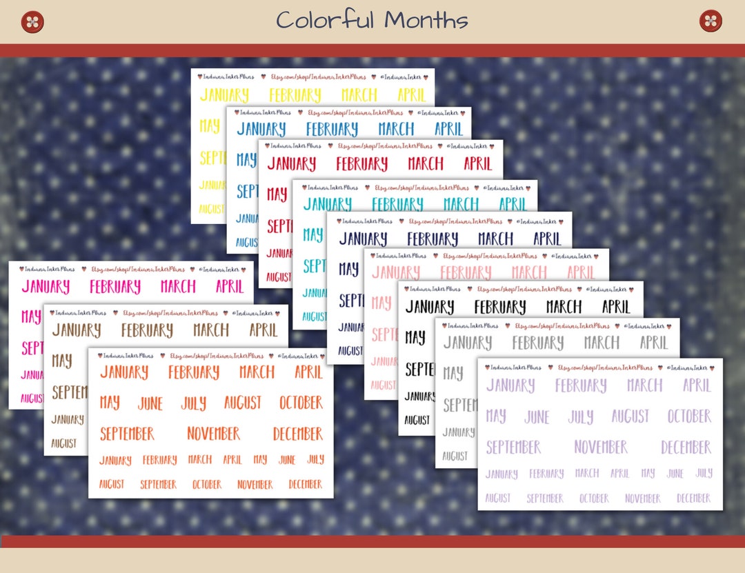 Colorful Monthly Script Stickers for Undated Planners, Planner Stickers ...