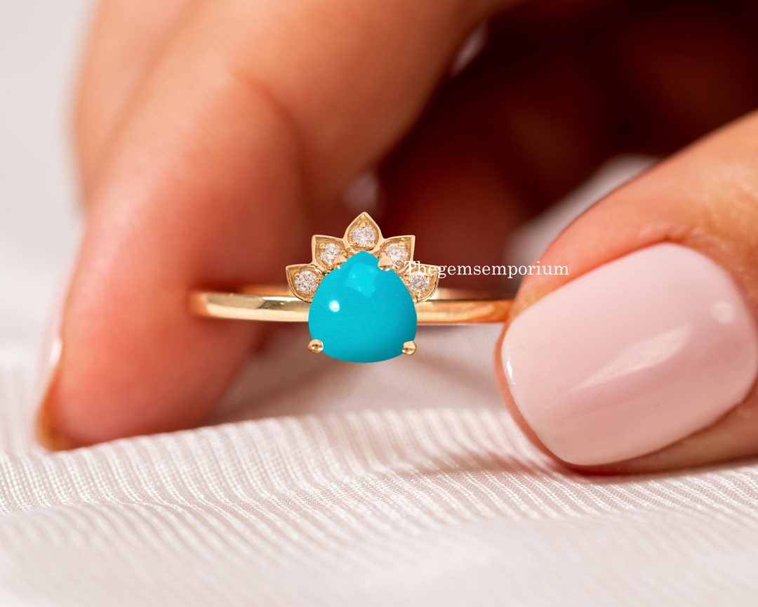 Unique Heart Shape Turquoise Engagement Ring,14k Solid Gold,trillion ...