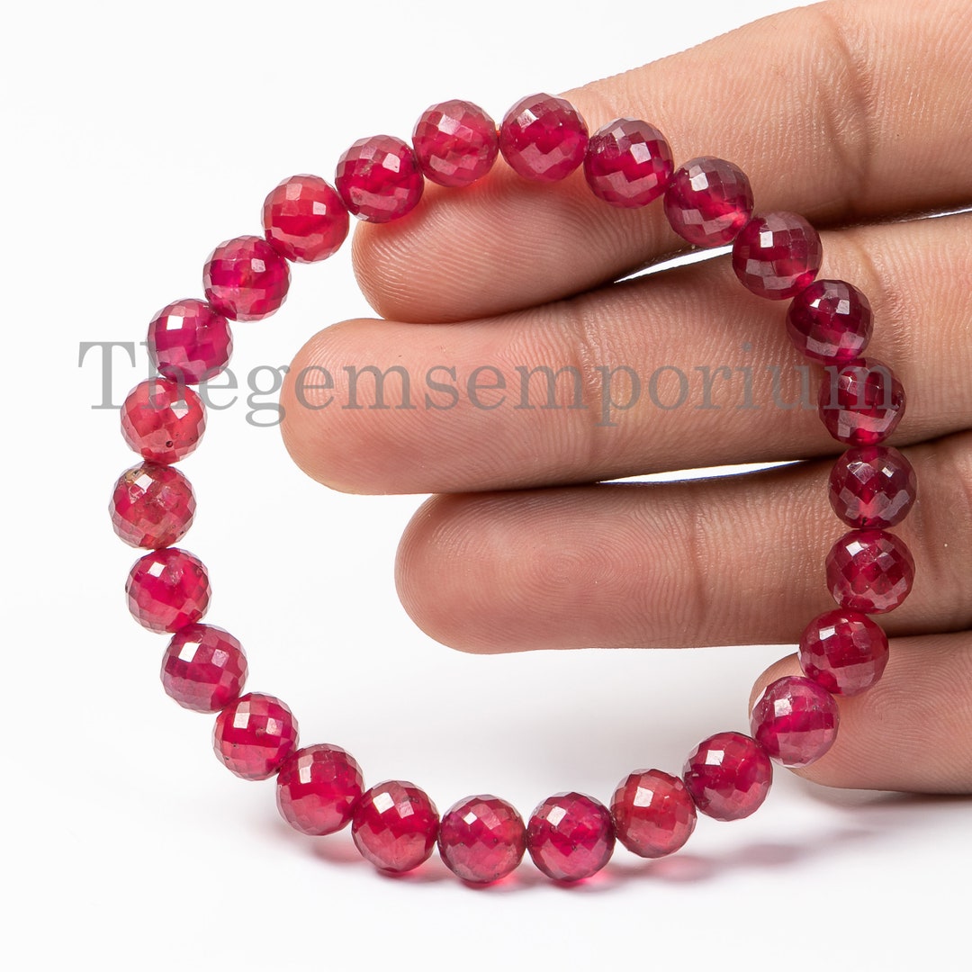 9.5mm Top Quality Ruby Faceted Round Stretchable Bracelet, Ruby Beaded ...